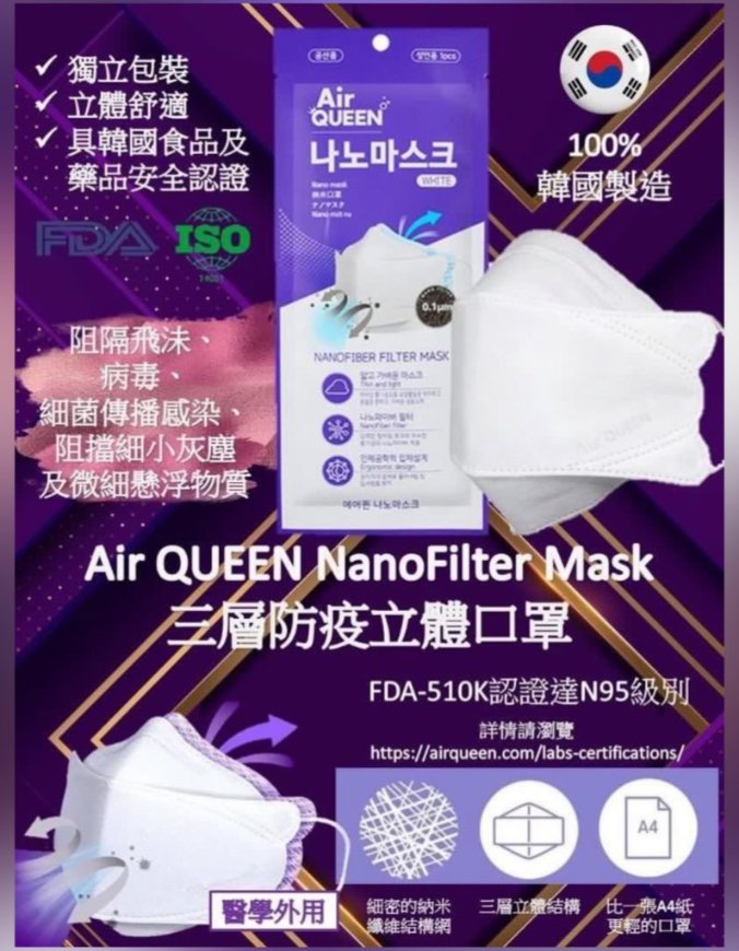 HKTVmall EcoMart - AirQUEEN Nano Mask KF94納米立體口罩(一套50片)獨立包裝